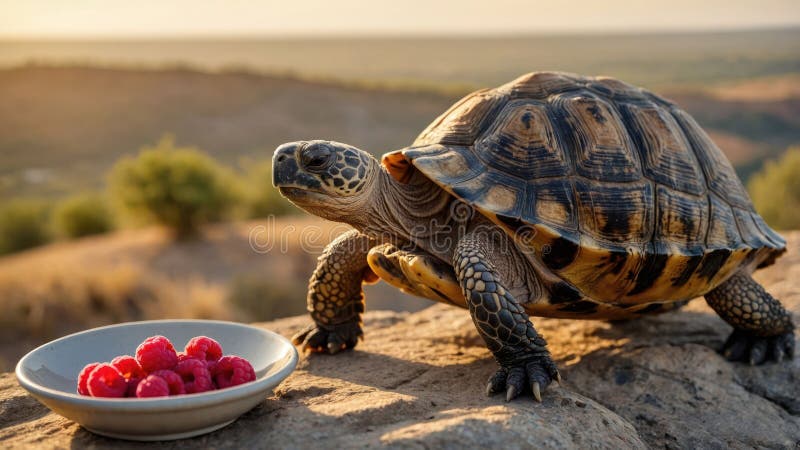 A Majestic Tortoise Enjoying Raspberries at Sunset Stock Illustration ...