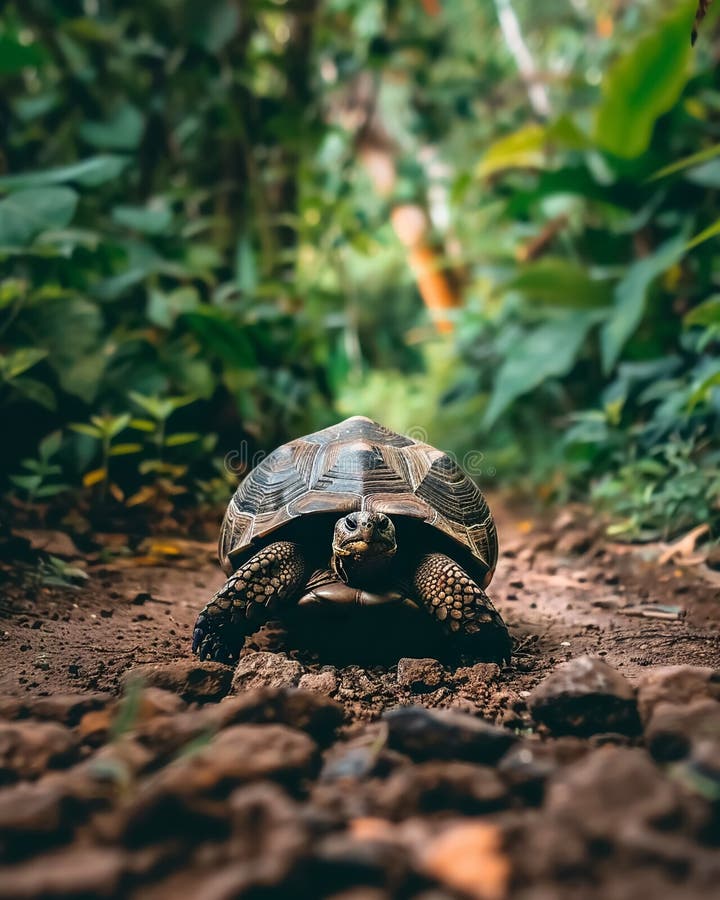 Tortoise Crawls Across Path in Lush Green Environment, Showcasing Its ...