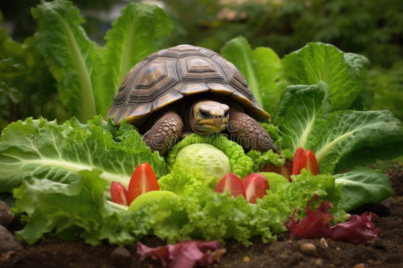 Tortoise Feeding on Lettuce in a Garden Setting Stock Illustration ...