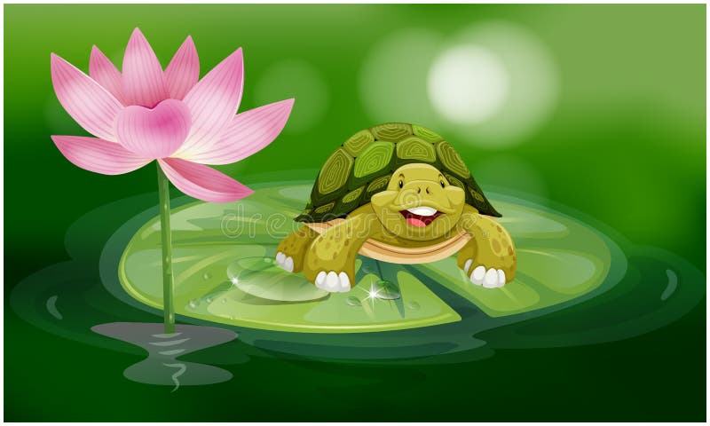 Tortoise Floating on Lotus Leaf in the Pond Stock Vector - Illustration ...