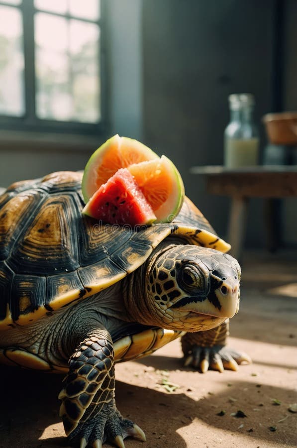 Adorable Turtle with Watermelon and Cantaloupe Slices Stock ...