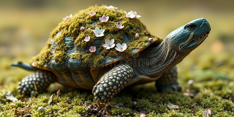 Tortoise with Moss and Flowers on Its Shell Walking on Green Mossy ...