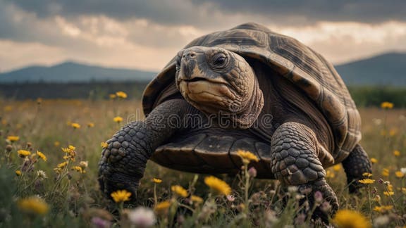 Majestic Giant Tortoise in a Field of Yellow Flowers at Sunset Stock ...