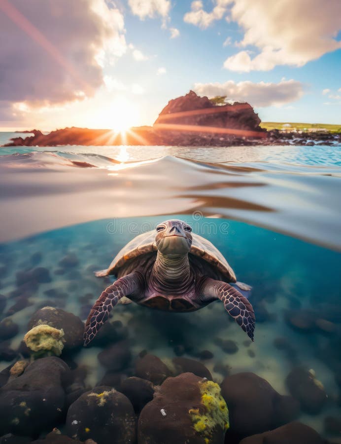 Sea Turtle in the Ocean Under the Setting Sun. Stock Illustration ...