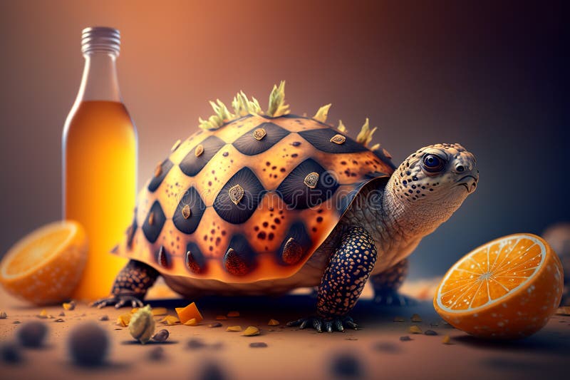 Tortoise and Orange Juice. Turtle and Fruit. Tropical Life. Generative ...