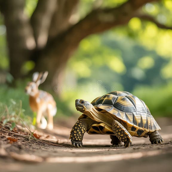 Tortoise and Hare Race on a Forest Path Turtle Rabbit Stock ...