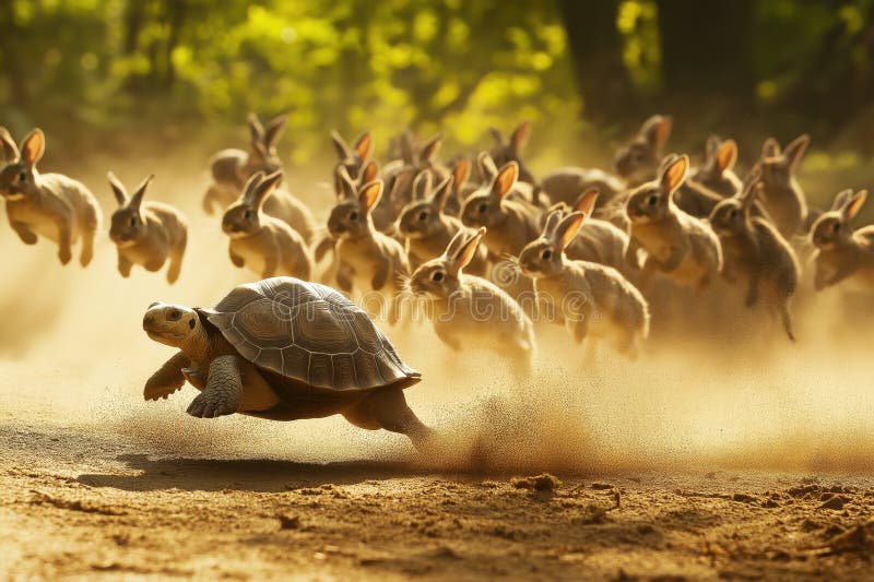Tortoise Racing Ahead of Hares in a Dusty Forest Scene Stock Image ...