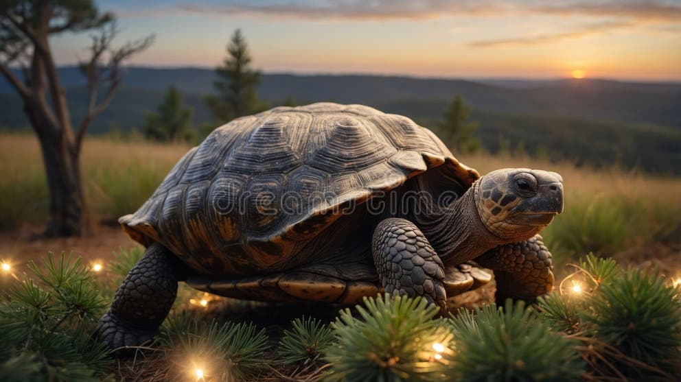 Majestic Tortoise at Sunset, Surrounded by Festive Lights Stock ...
