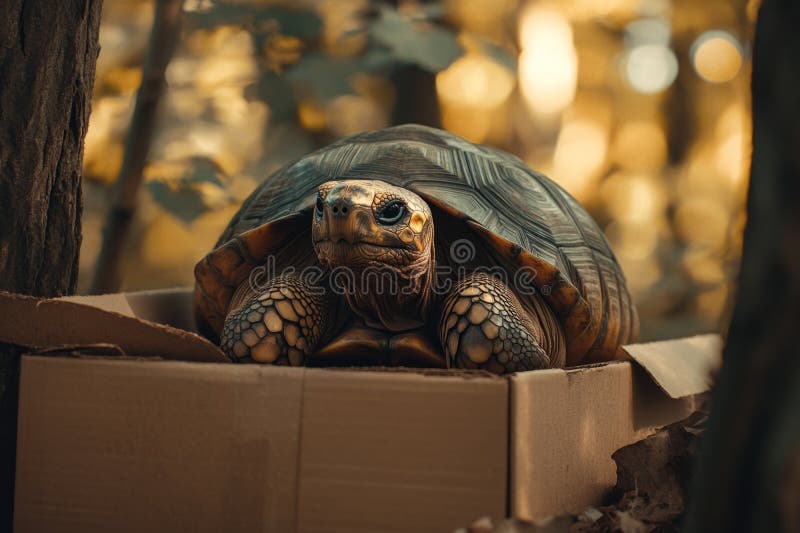 A Tortoise Resting on a Cardboard Box in a Tranquil Forest Scene. the ...