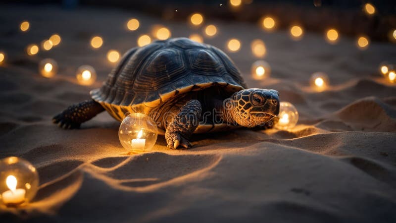 Majestic Tortoise on Sandy Beach at Night with Glowing Lights Stock ...