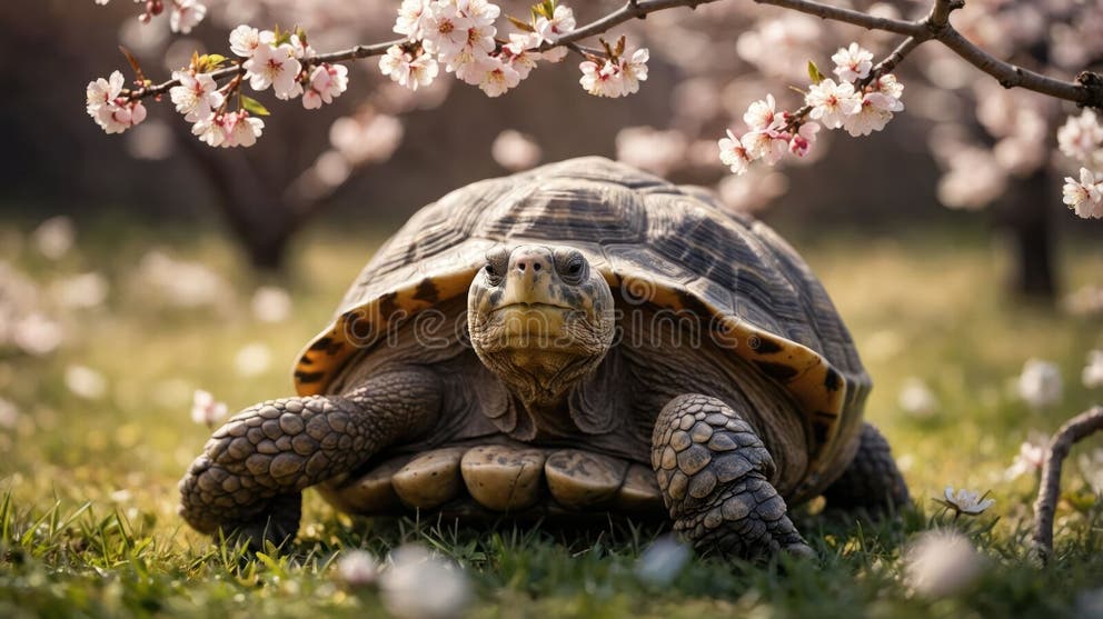 Majestic Tortoise Basking in Spring Cherry Blossoms Stock Illustration ...