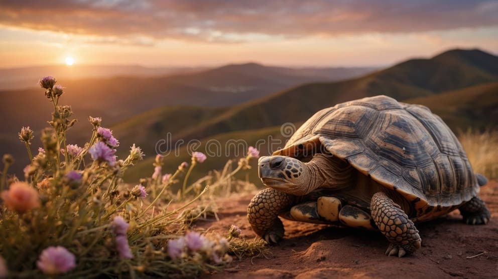 Majestic Tortoise at Sunset on Mountaintop Stock Illustration ...