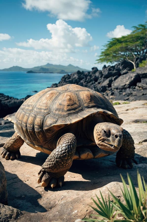Giant Galapagos Tortoise Walking on Volcanic Rocks Near Ocean Stock ...