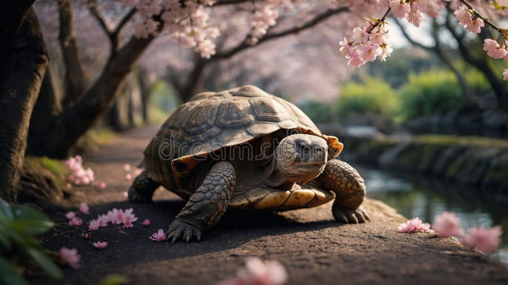 Majestic Tortoise in a Cherry Blossom Garden Stock Illustration ...