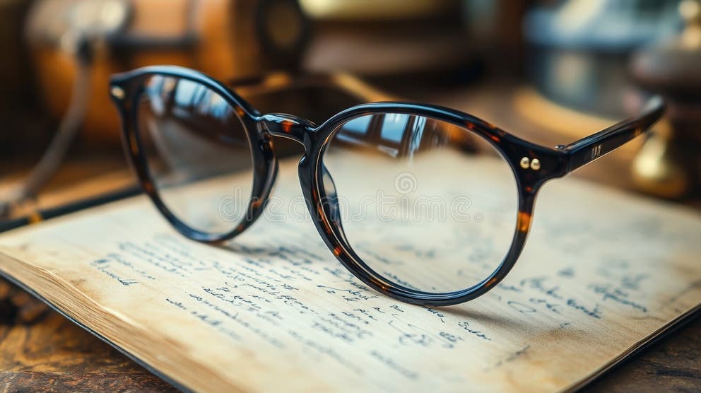 Tortoise-shell Glasses Placed on Antique Paper with Handwritten Notes ...