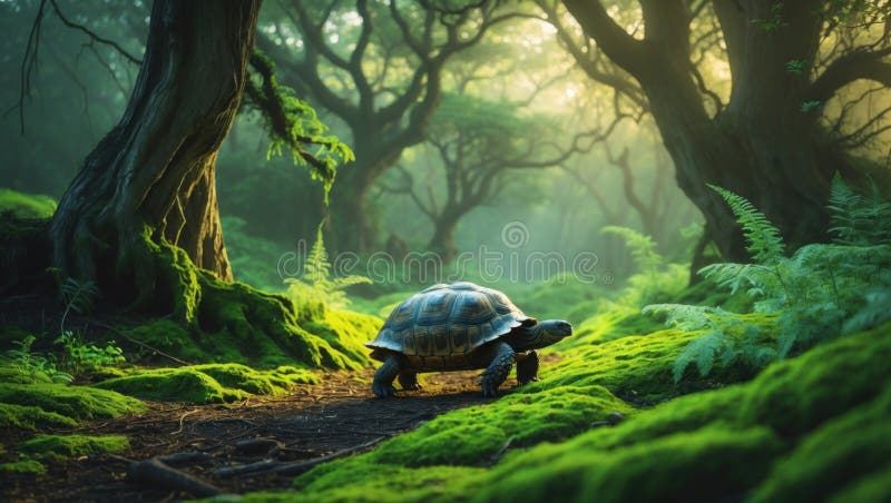 Giant Tortoise Walking in a Mystical Mossy Forest Stock Illustration ...