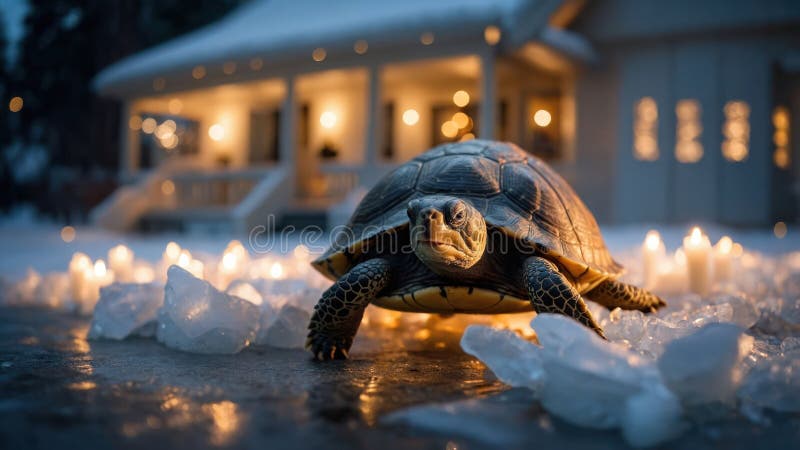 A Tortoise on a Snowy Path Surrounded by Candles and Ice, Creating a ...