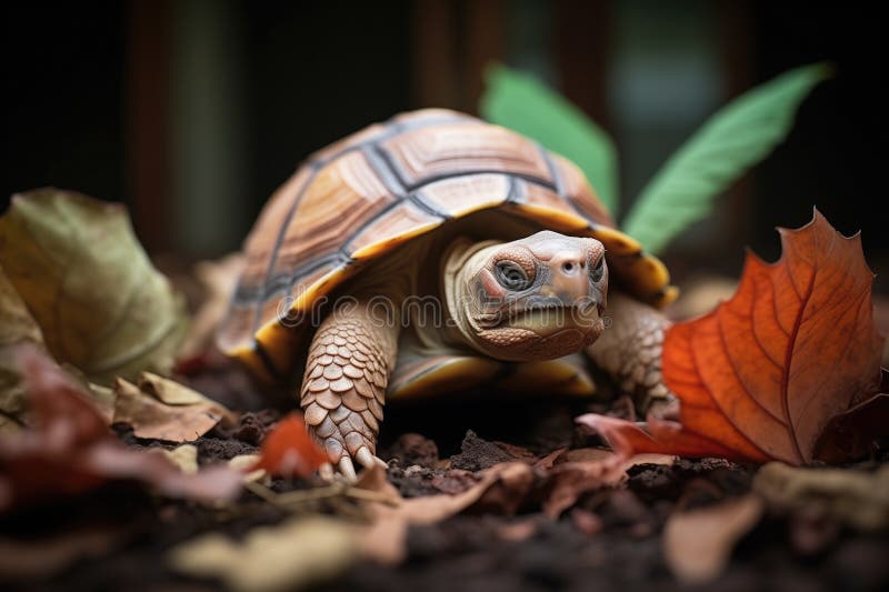 Tortoise on Soil with a Freshly Plucked Leaf Stock Photo - Image of ...