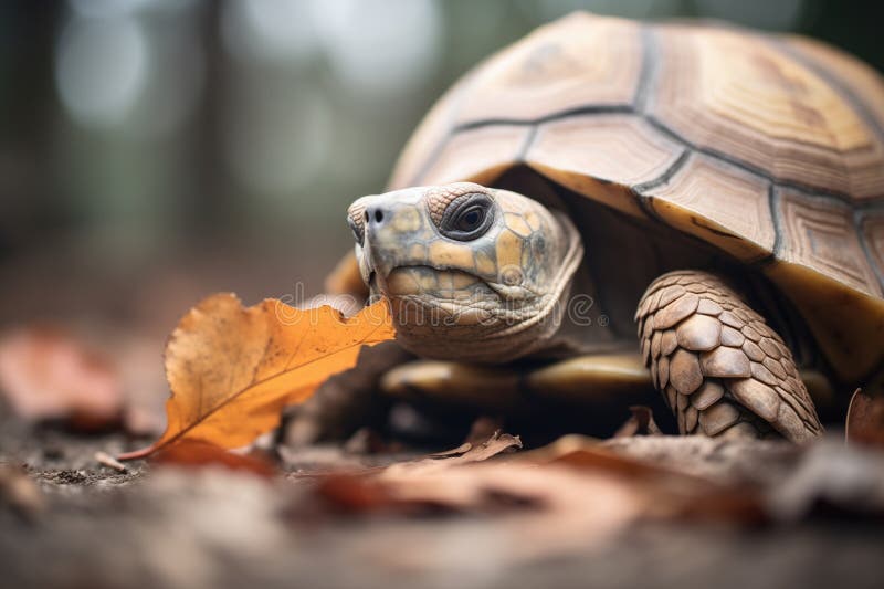Tortoise on Soil with a Freshly Plucked Leaf Stock Photo - Image of ...