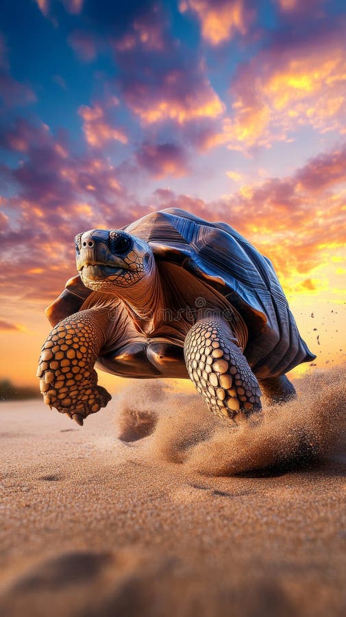 Tortoise Speedily Moving on Sandy Beach Under Vibrant Sunset Sky ...