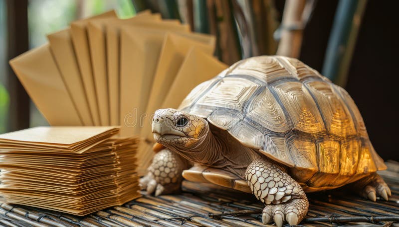 Tortoise with Unique Gold Shell Pattern Rests beside Stack of Envelopes ...