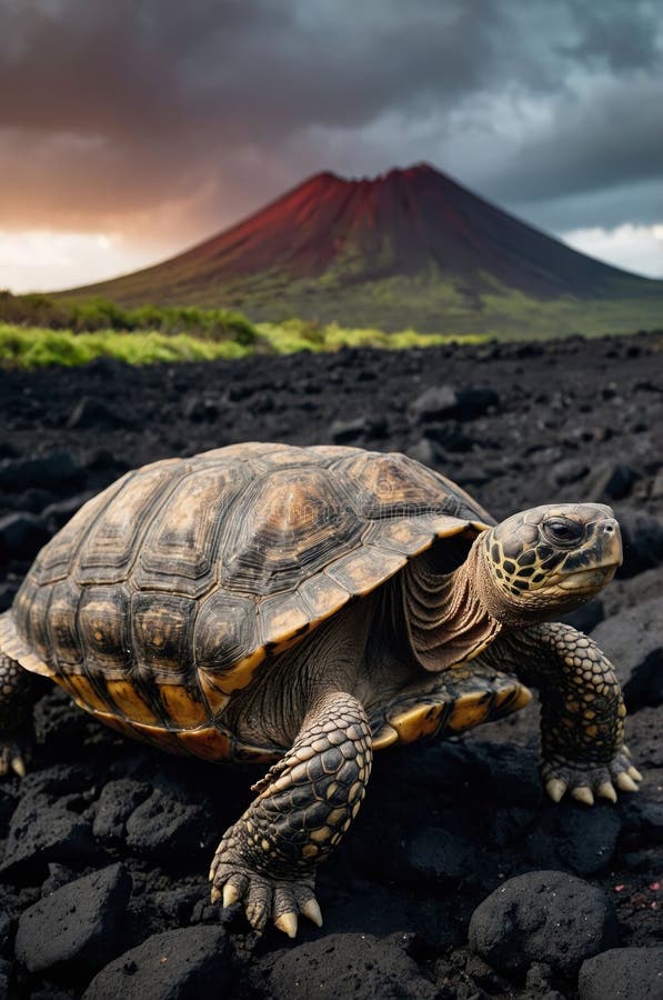 Giant Galapagos Tortoise Walking on Volcanic Rock Near Volcano at ...