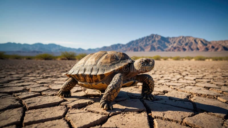 A Tortoise Walking on Cracked Earth with Mountains in the Background ...