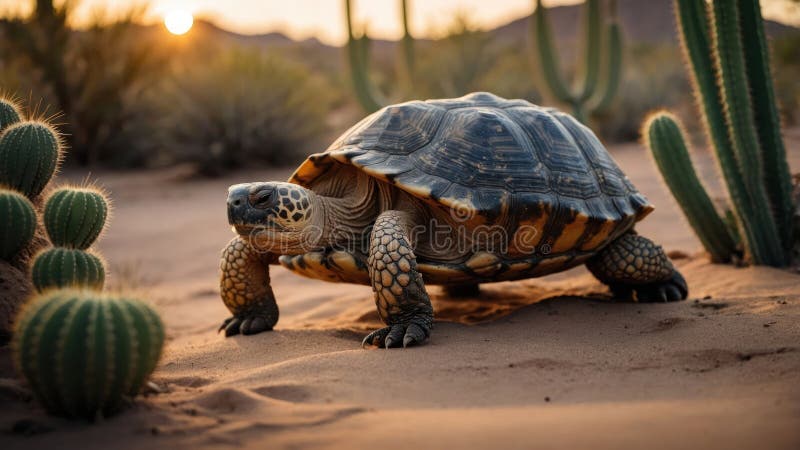 Giant Tortoise Walking on Desert Sand at Sunset Stock Illustration ...