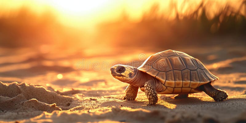 Tortoise Walking on Sandy Beach at Sunset with Warm Golden Light Stock ...