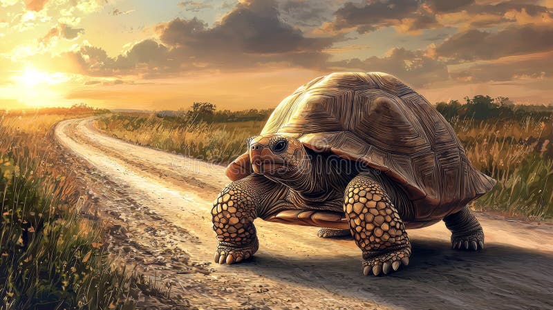 A Tortoise Walks Down a Dirt Road Towards the Sunset Stock Illustration ...
