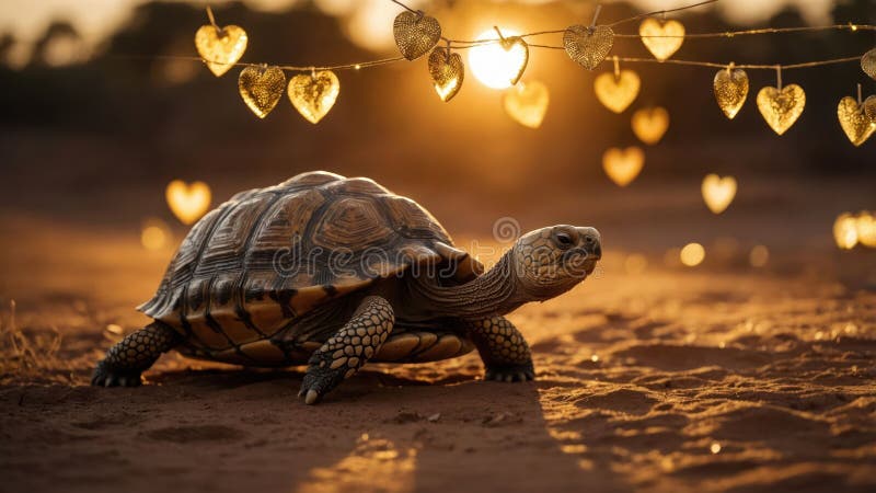 Romantic Turtle Sunset Stroll: Golden Heart Decor Stock Illustration ...