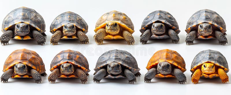 Tortoises Lined Up in Colorful Display Stock Photo - Image of species ...