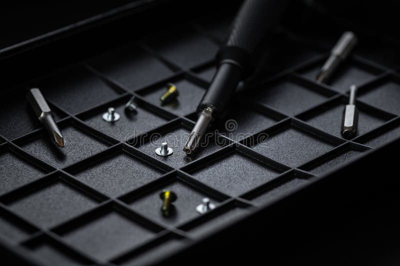 Torx Drive Bit and Aluminum Bit Driver on Black Sorting Tray. Screws ...