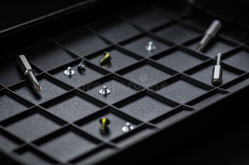Torx Drive Bit and Aluminum Bit Driver on Black Sorting Tray. Screws ...