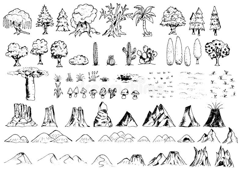 Fantasy Map Nature Symbols - Hand Drawn Vector of Cartography Elements ...