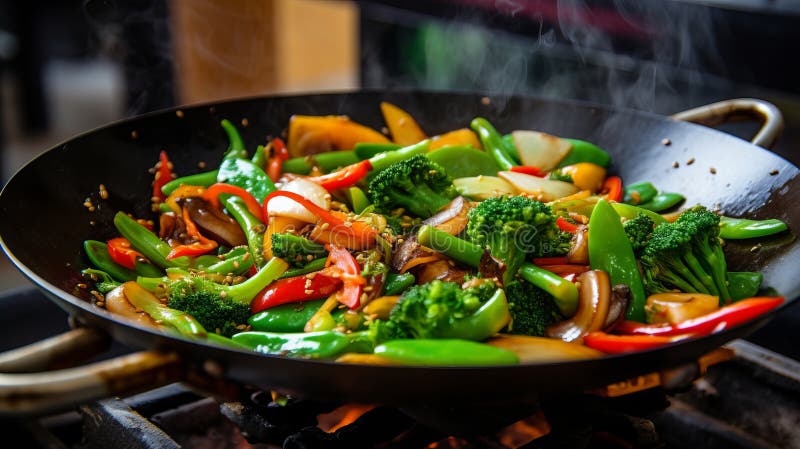 A Toss of Stir Fried Vegetables in a Wok Stock Illustration ...