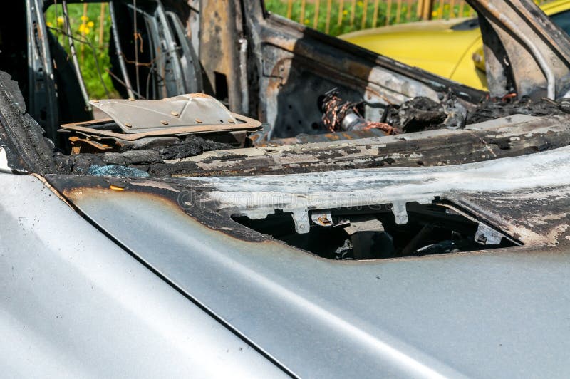 Total Damage on New Expensive Burned Car in Fire on the Parking Lot ...