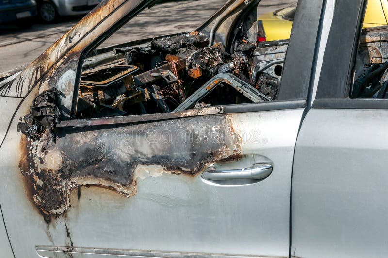 Total Damage on New Expensive Burned Car in Fire on the Parking Lot ...
