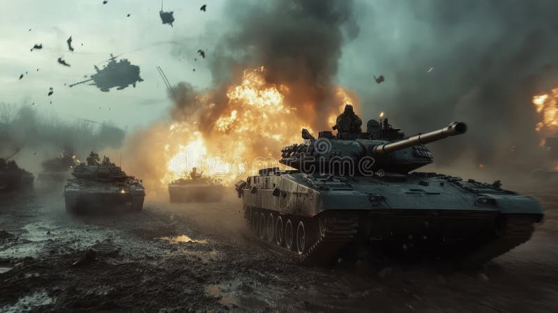 Total Defense Day Intense Battlefield Scene with Tanks and Explosions ...