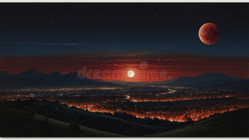 Total Lunar Eclipse Over Cityscape Silhouette Stock Image - Image of ...