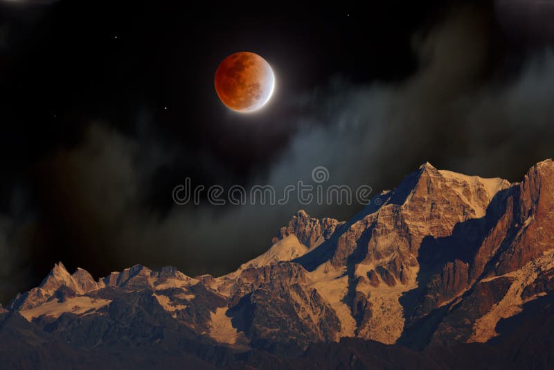 Lunar Eclipse Over Himalayan Mountains Stock Image - Image of moon ...