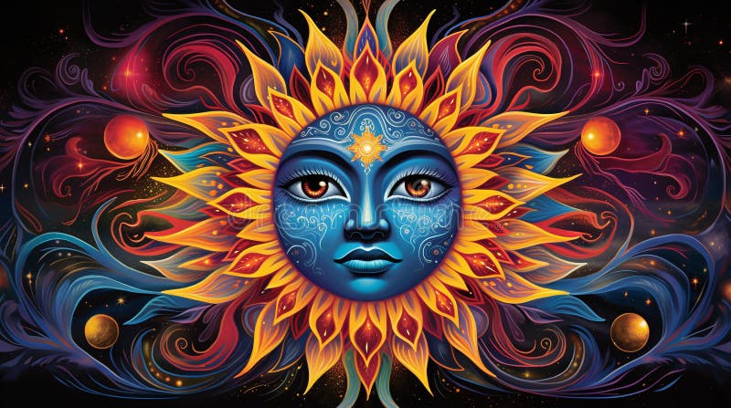 Total Solar Eclipse with Aztec Sun Goddess Design Stock Illustration ...