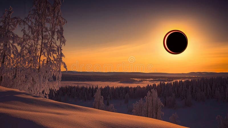 A Total Solar Eclipse Casts a Dark Shadow Over a Snowy Landscape, with ...