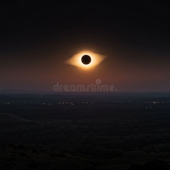 A Total Solar Eclipse is Depicted Over a Darkened Landscape. the Moon ...