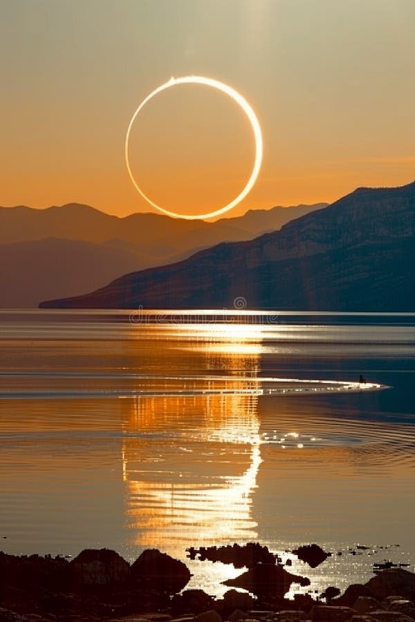 Total Solar Eclipse Event Over a Lake with Reflection. Stock ...