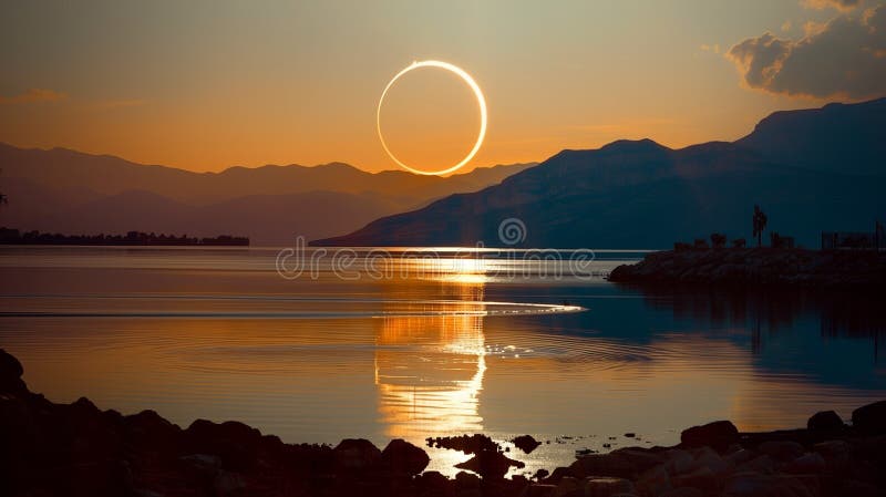 Total Solar Eclipse Event Over a Lake with Reflection. Stock ...