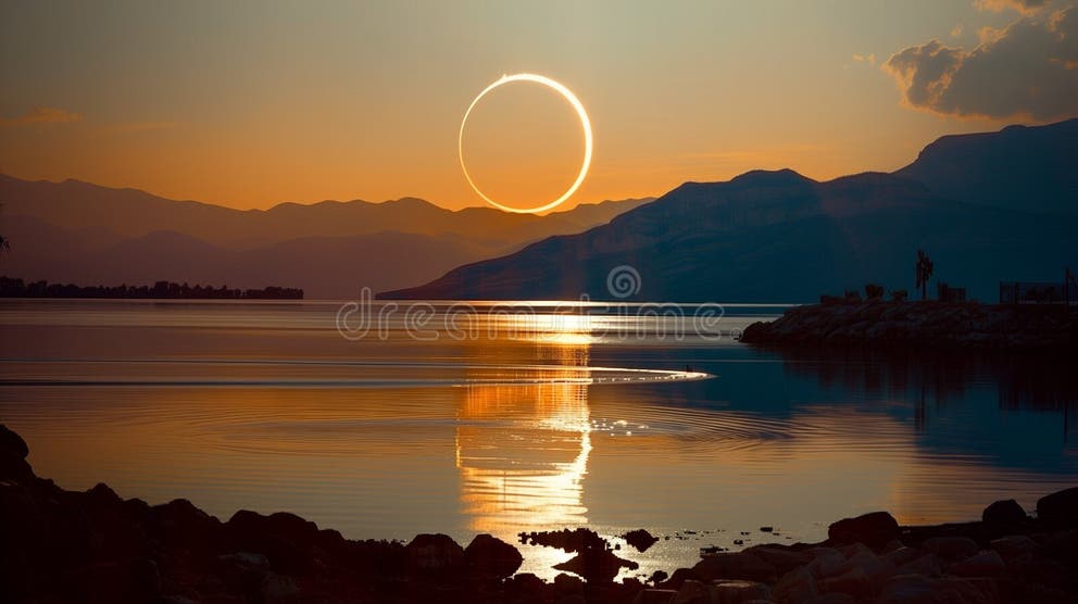 Total Solar Eclipse Event Over a Lake with Reflection. Stock ...