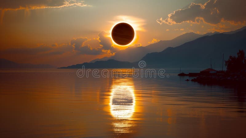 Total Solar Eclipse Event Over a Lake with Reflection. Stock ...