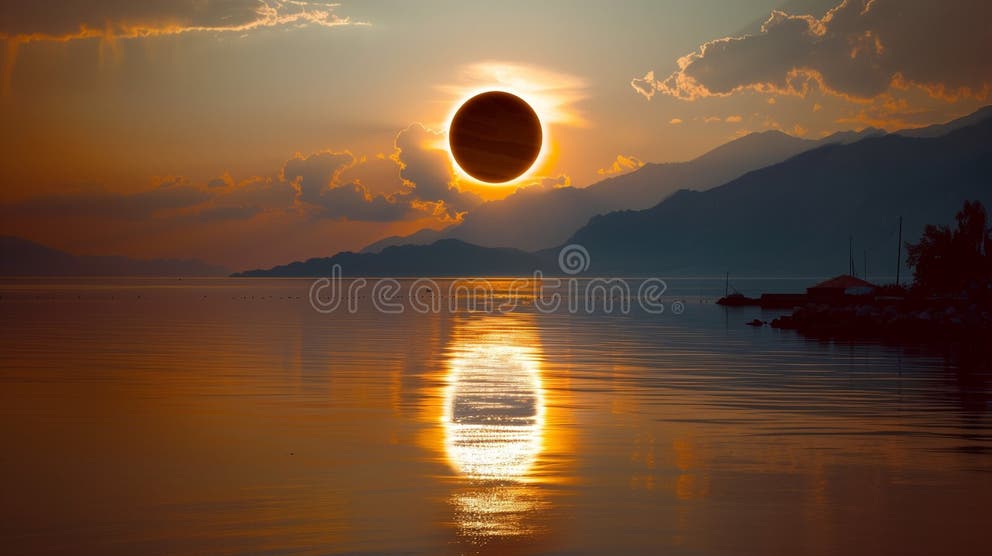 Total Solar Eclipse Event Over a Lake with Reflection. Stock ...