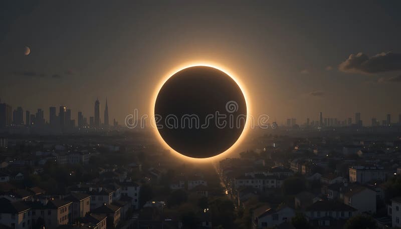 Total Solar Eclipse Over Cityscape with Light Ring and Rising Crescent ...